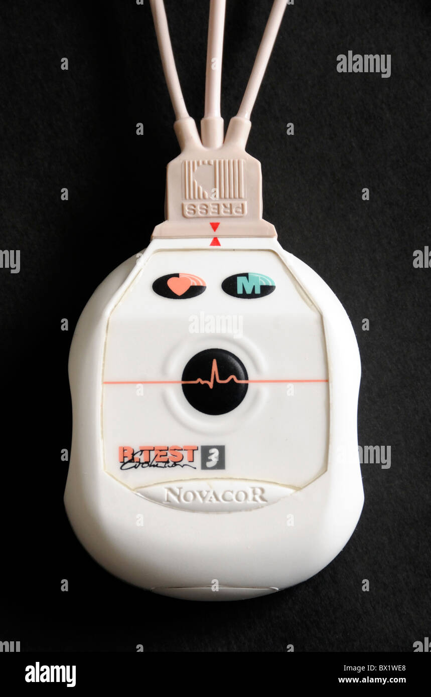 Close up of a Novacor heart monitor or 7 day event recorder on black ...