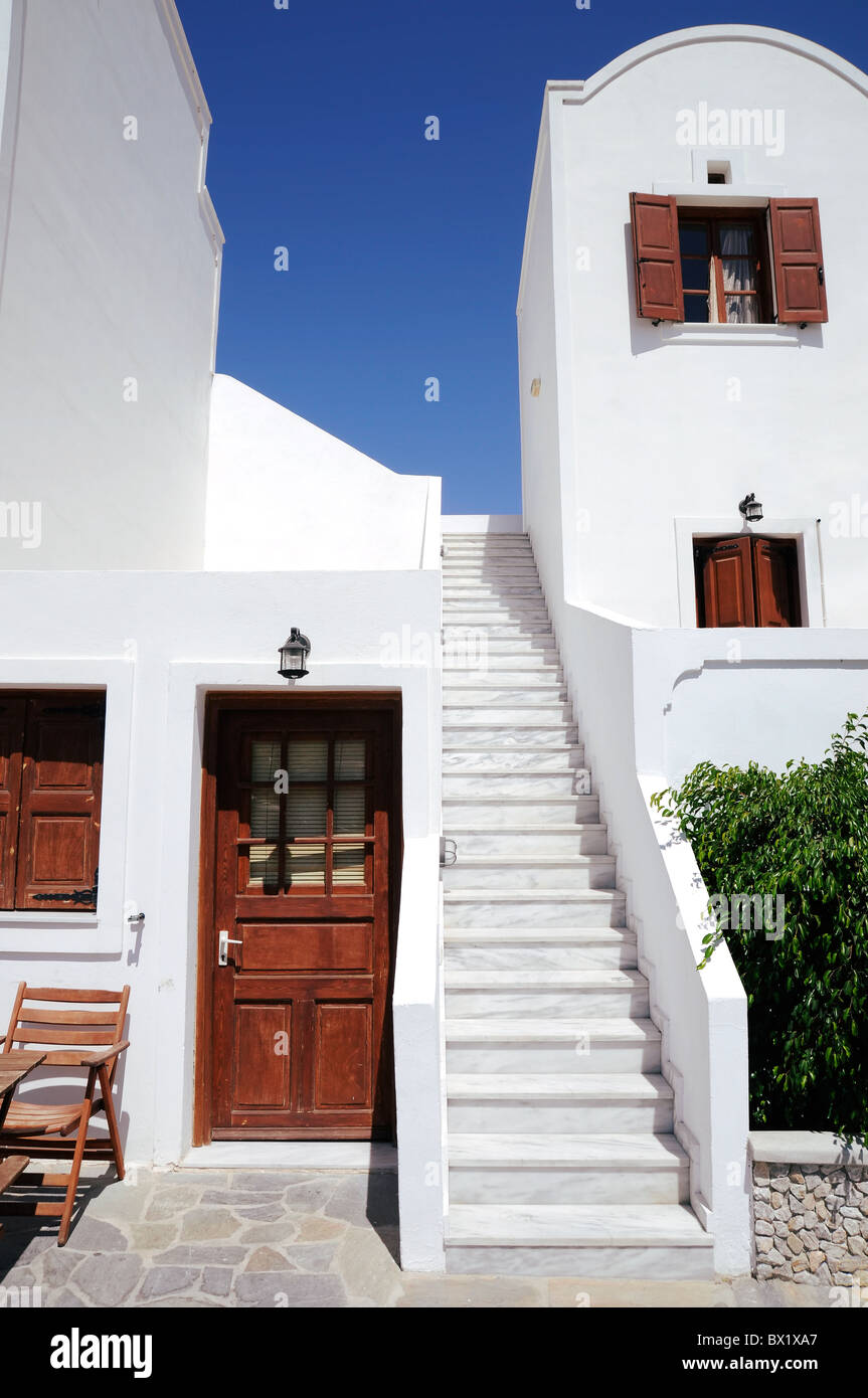 Traditional whitewashed house with staircase in Santorini Greece Stock ...