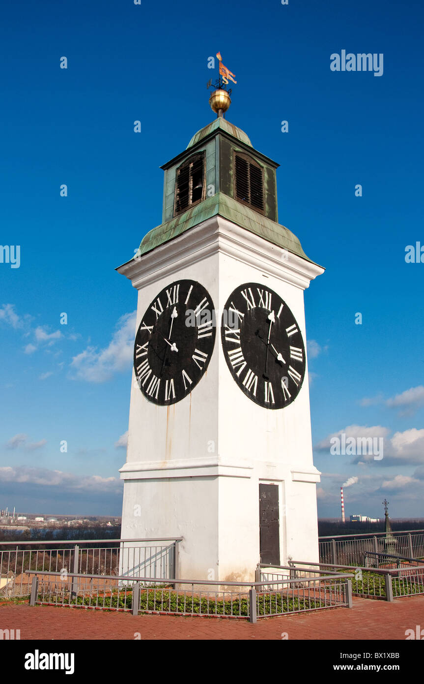 Big Petrovaradin clock tower on the right bank of Danube river in Novi ...