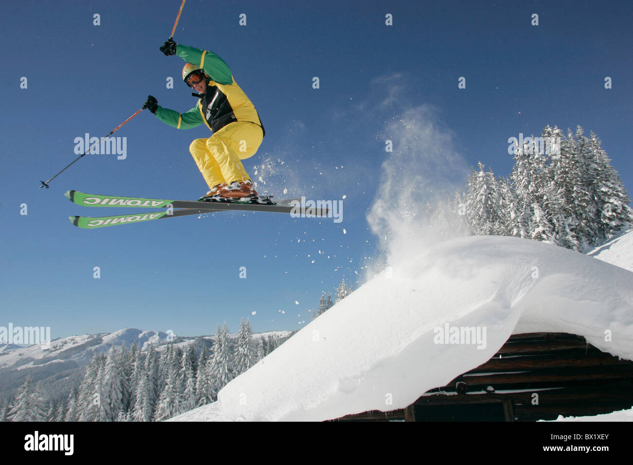 Skiing ski action jump ski jump hut mountain hut holidays vacation snow ...