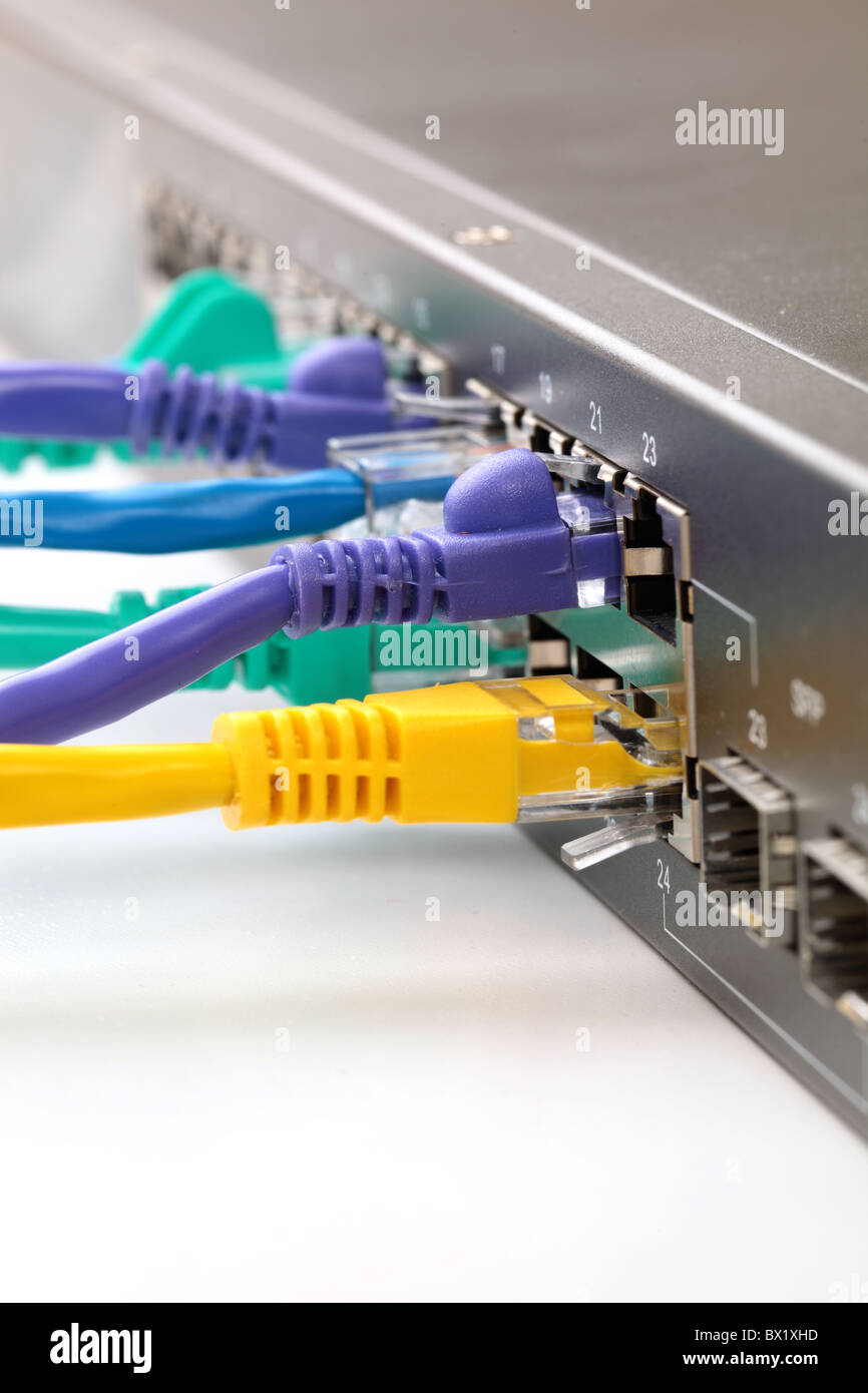 Colorful internet cables connected to network hub Stock Photo - Alamy