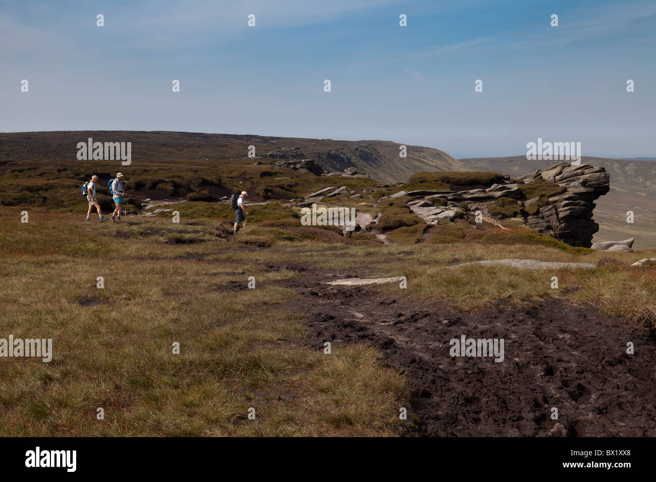 A group of walkers on the northern edge of the Kinder Scout plateau in ...