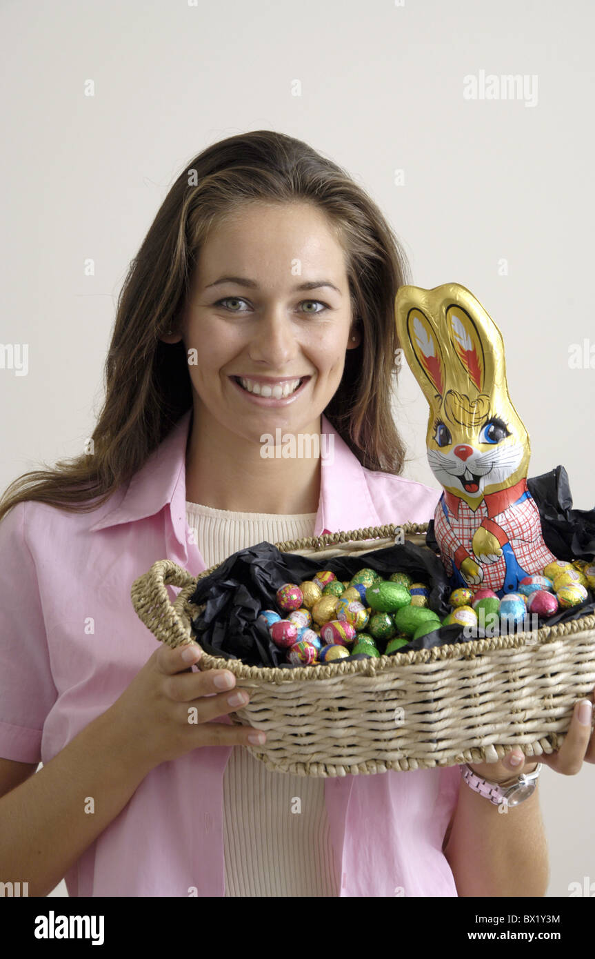 Easter woman joy best wishes eggs present treat basket Easter bunny ...