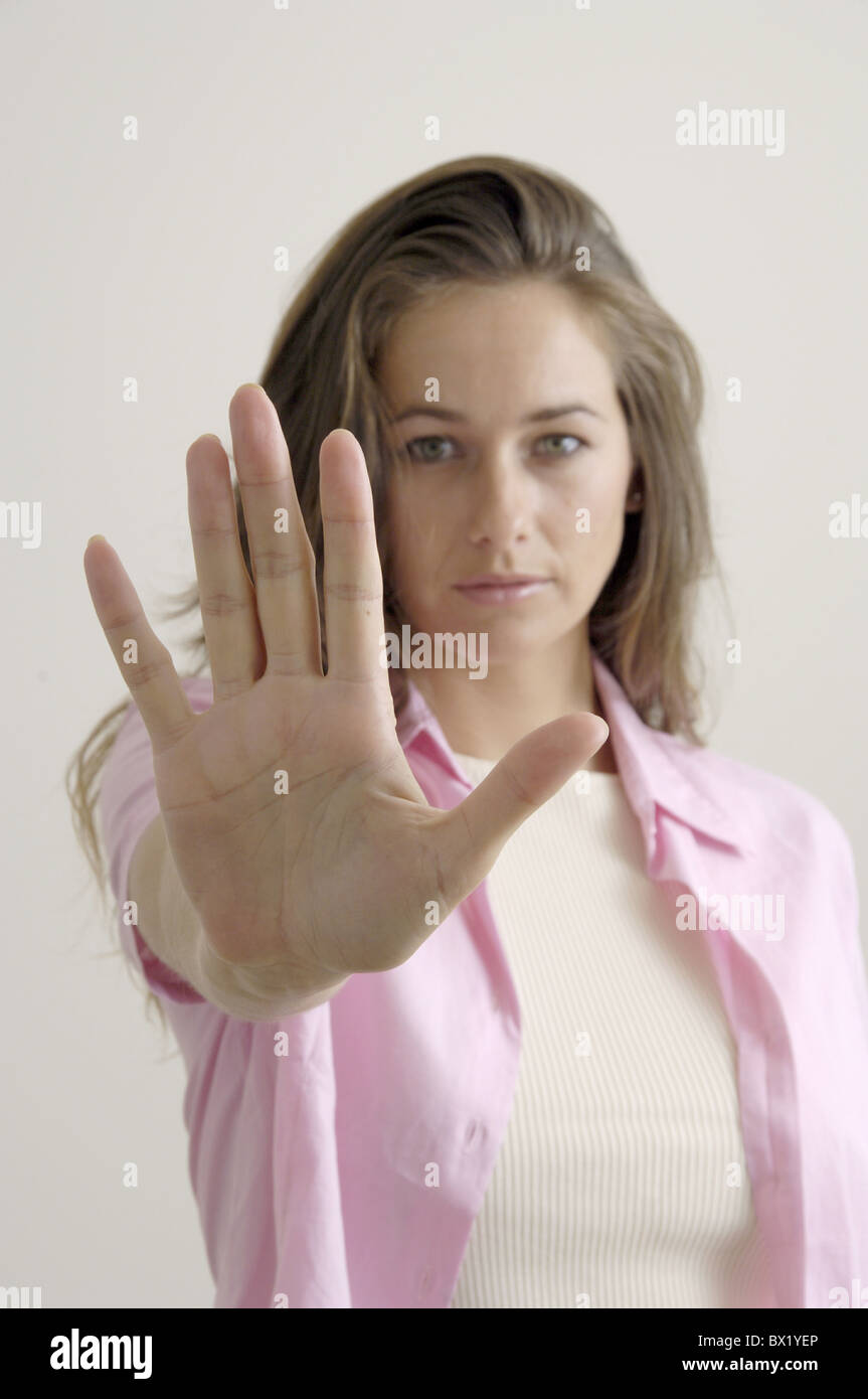 Woman No hold Not farther stop STOP hand palm refusal negative reject ...