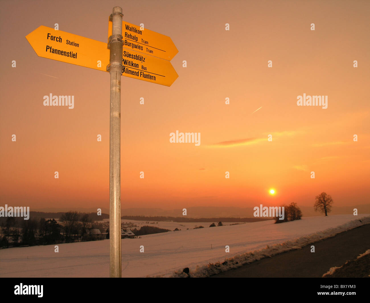 Canton Zurich dusk footpath Forch hiking scenery landscape signpost ...