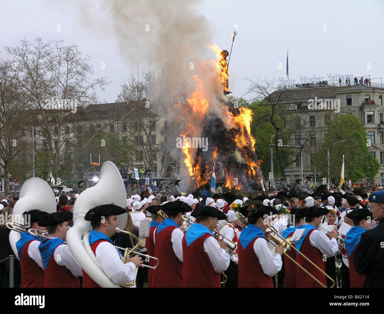 Boogg snowman city party fire folklore musician Zurich party public ...