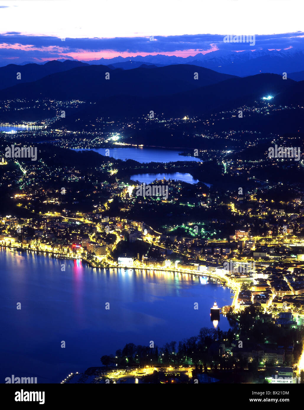 Lugano overview town city at night night lake Canton Ticino Switzerland ...
