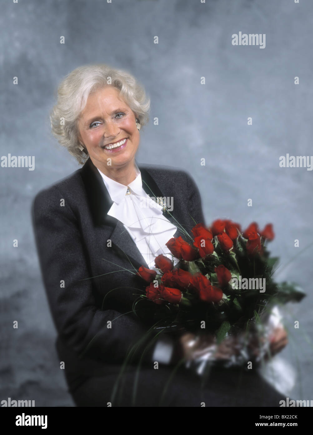 bouquet effect elderly woman flowers Laughing model released portrait ...