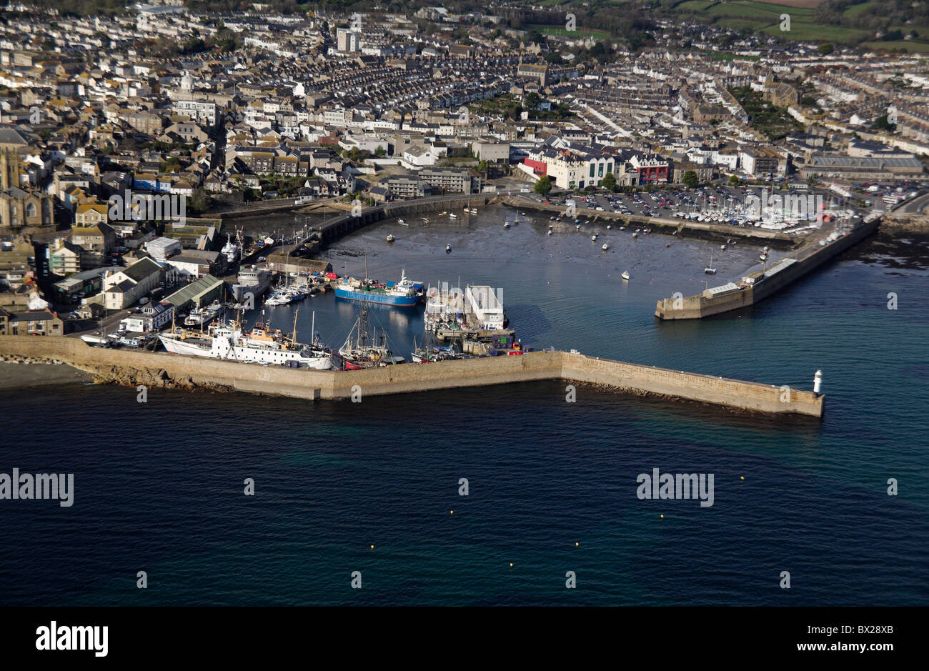 Aerial view Isles of Scilly ferry the Scillonian in dock at Penzance ...