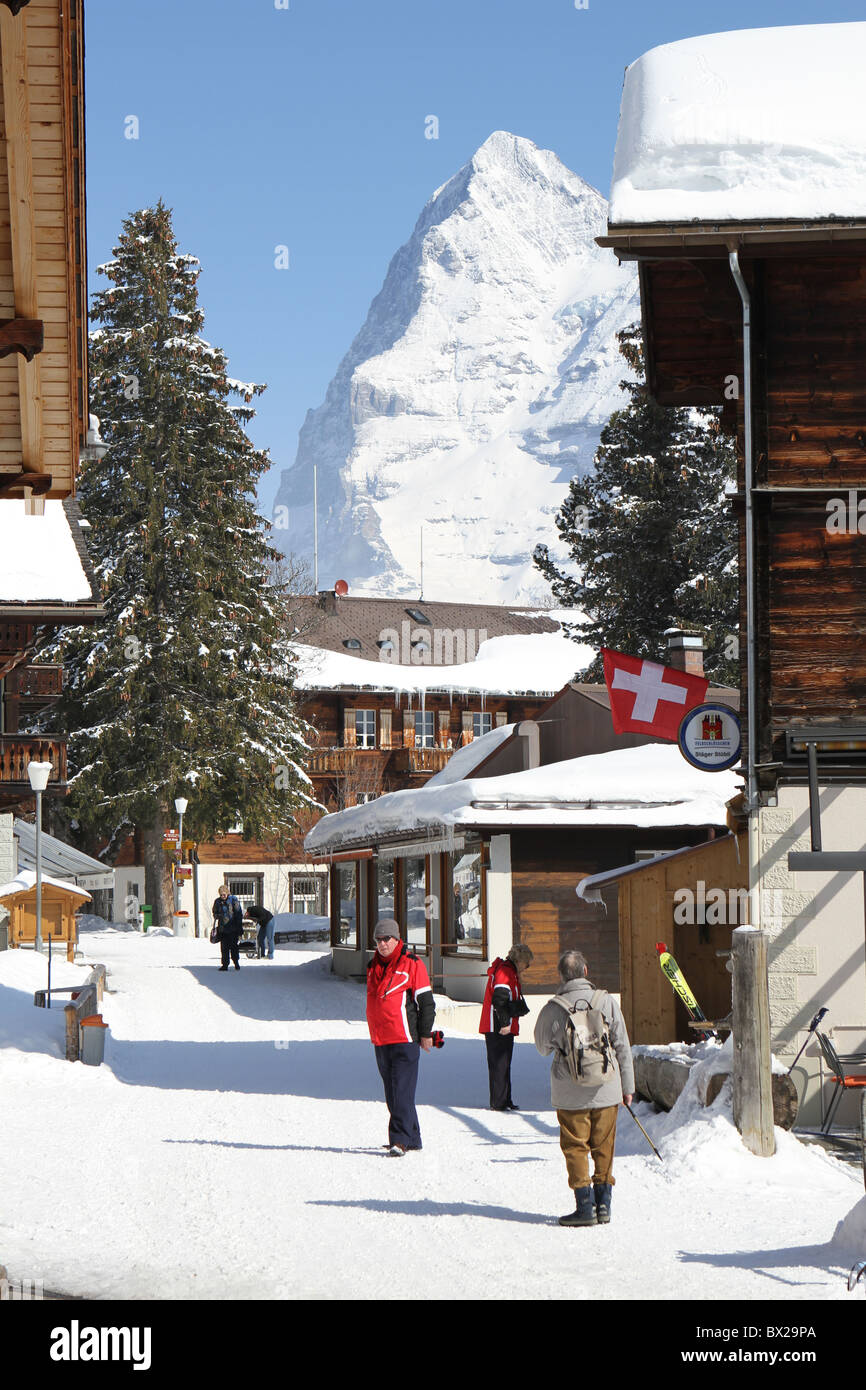 Murren, Switzerland - Main Street through the town with a stunning view ...