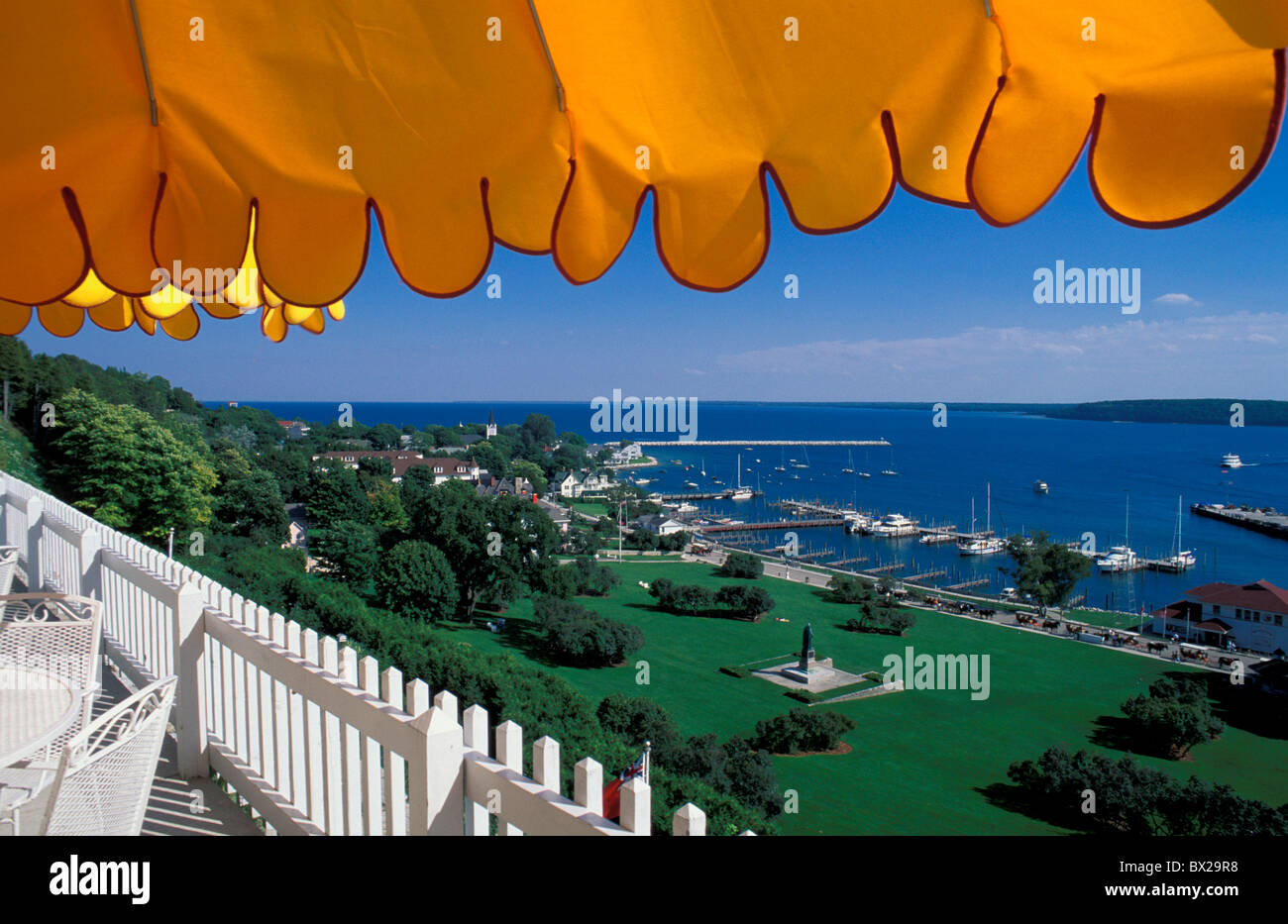 view from fort Mackinac terrace screen Mackinac Island lake sea shore ...