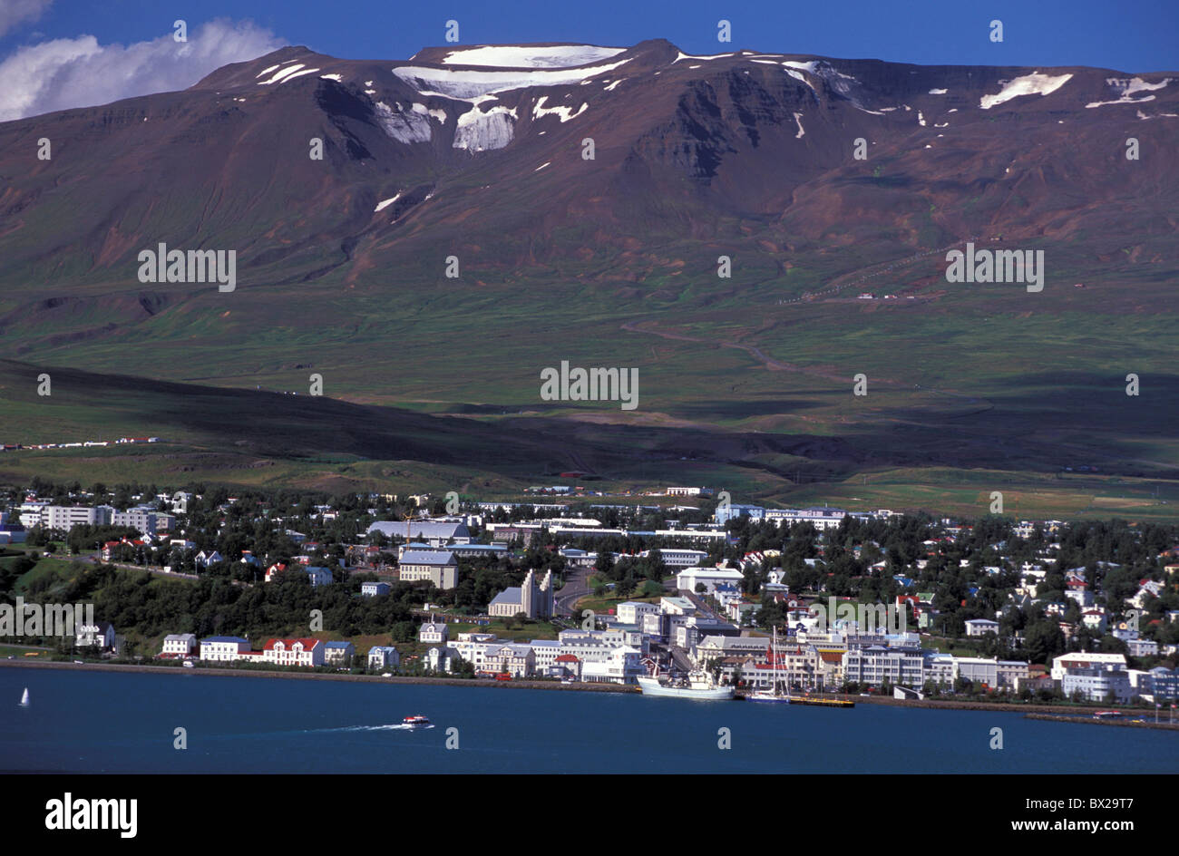 Iceland Europe Arctic mountain range Akureyri landscape sea Stock Photo ...