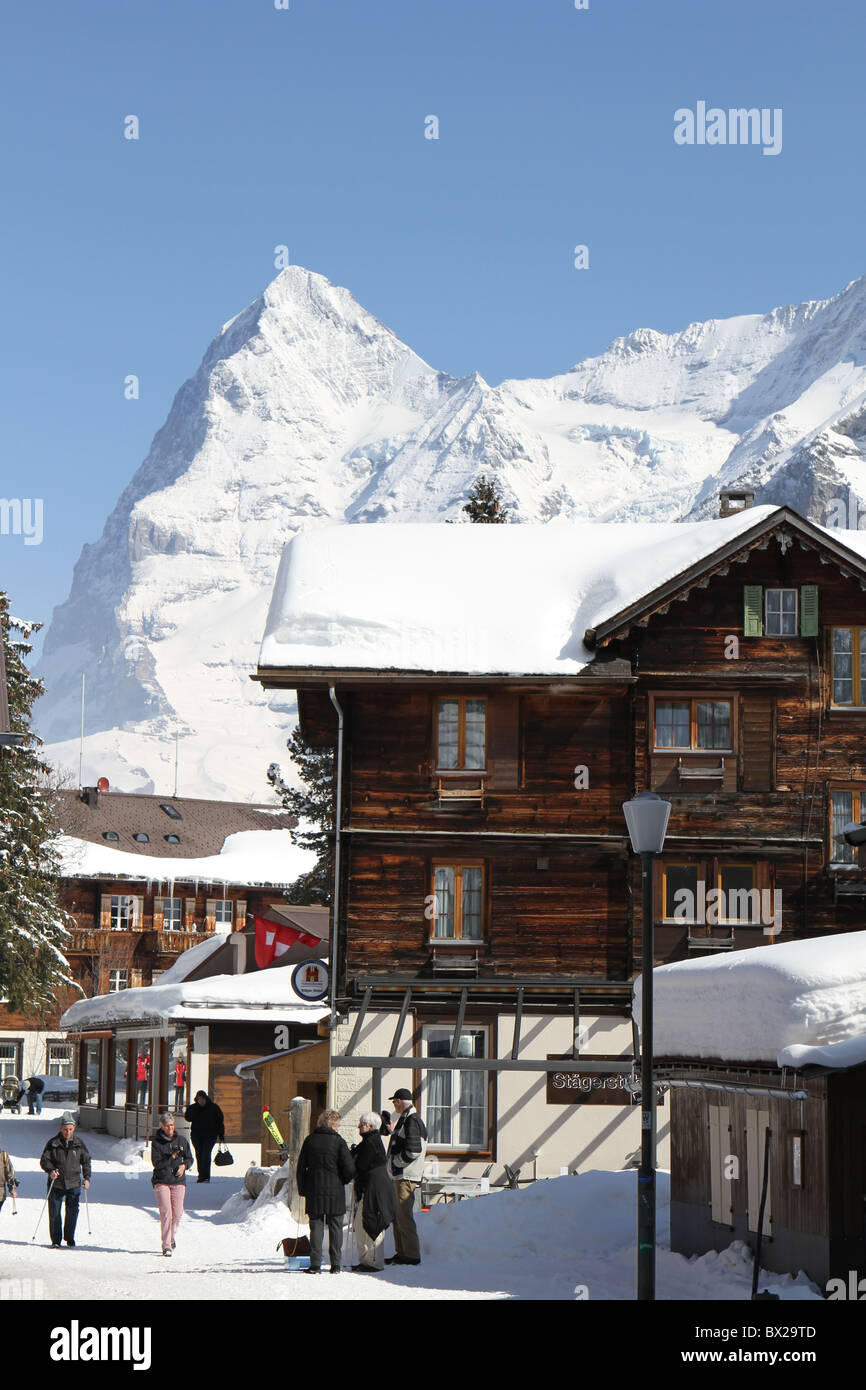Murren, Switzerland - Main Street through the town with a stunning view ...