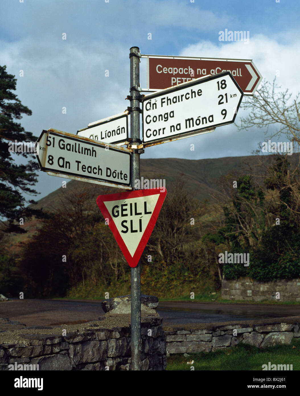 Transport, Rural Road Sign, Maam Bridge Co Galway Stock Photo - Alamy