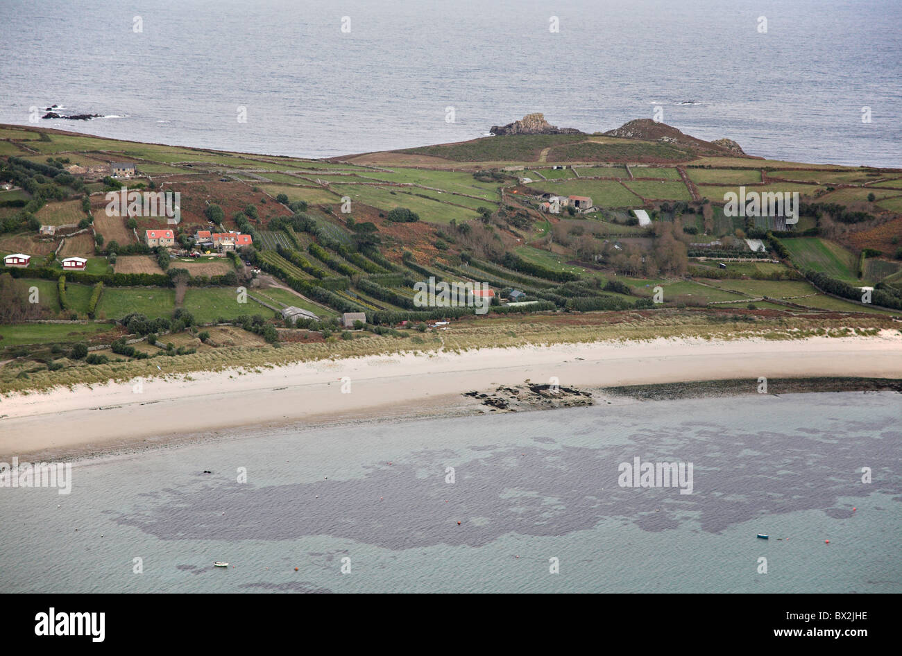 Aerial view beach higher town bay St Martins martin's Isles of Scilly ...