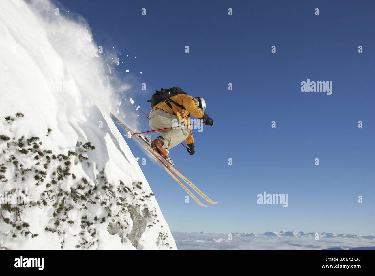 action extreme extreme sport Free riding jump man model released mountains steep slope rock ski ...