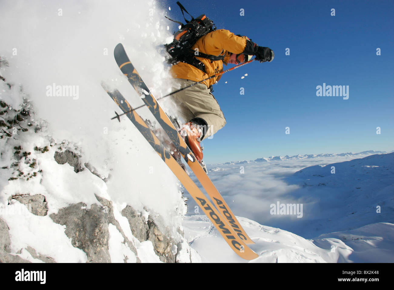 action extreme extreme sport Free riding jump man model released mountains steep slope rock ski ...