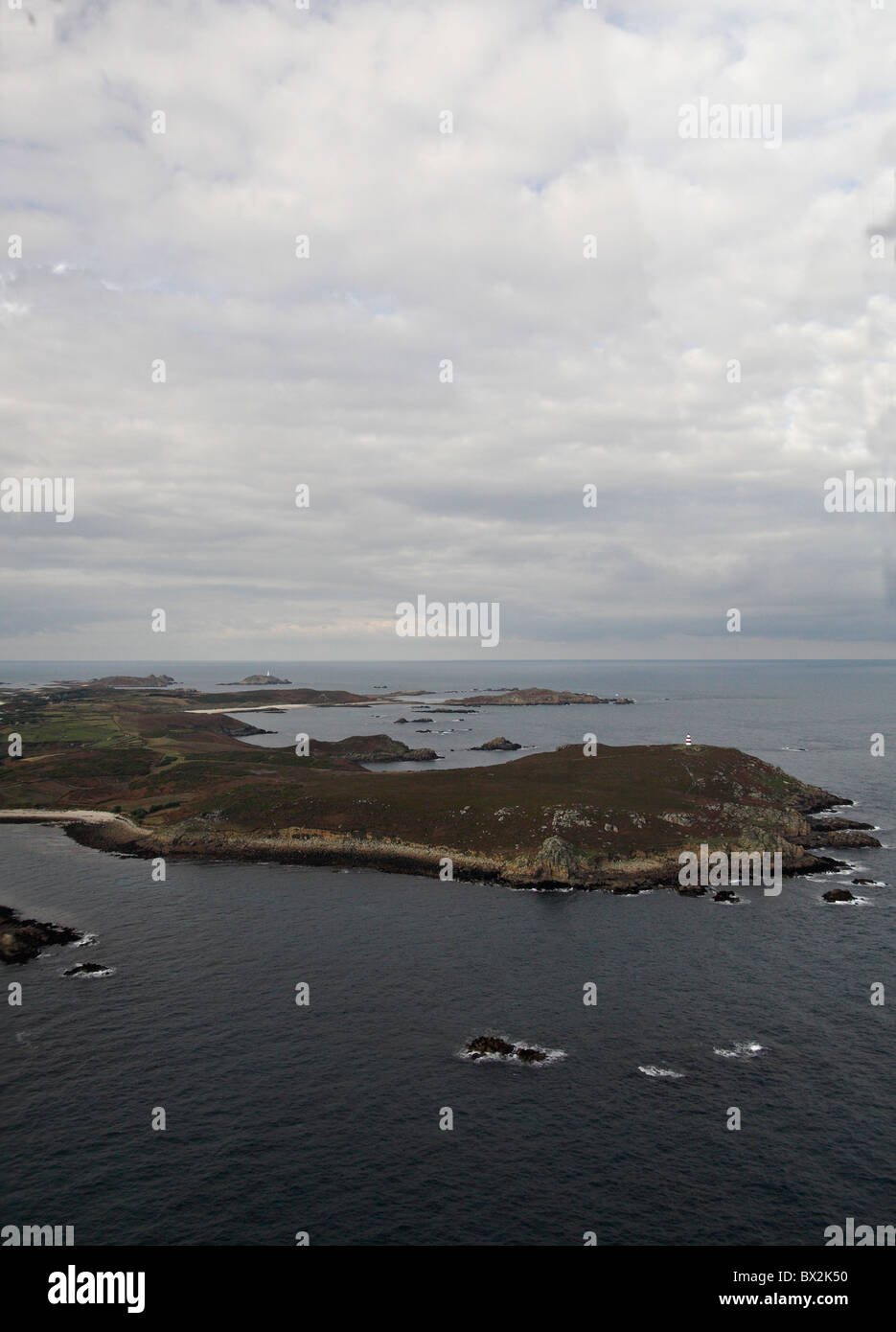 Aerial view St Martins daymark martin's Isles of Scilly Cornwall UK ...