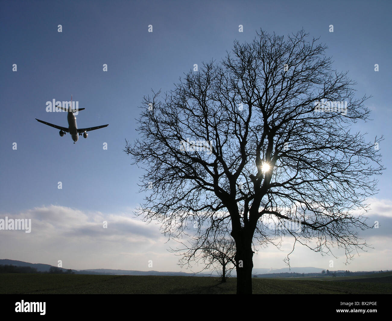 airplane jet jet airplane landing tree silhouettes sky sun flight noise ...