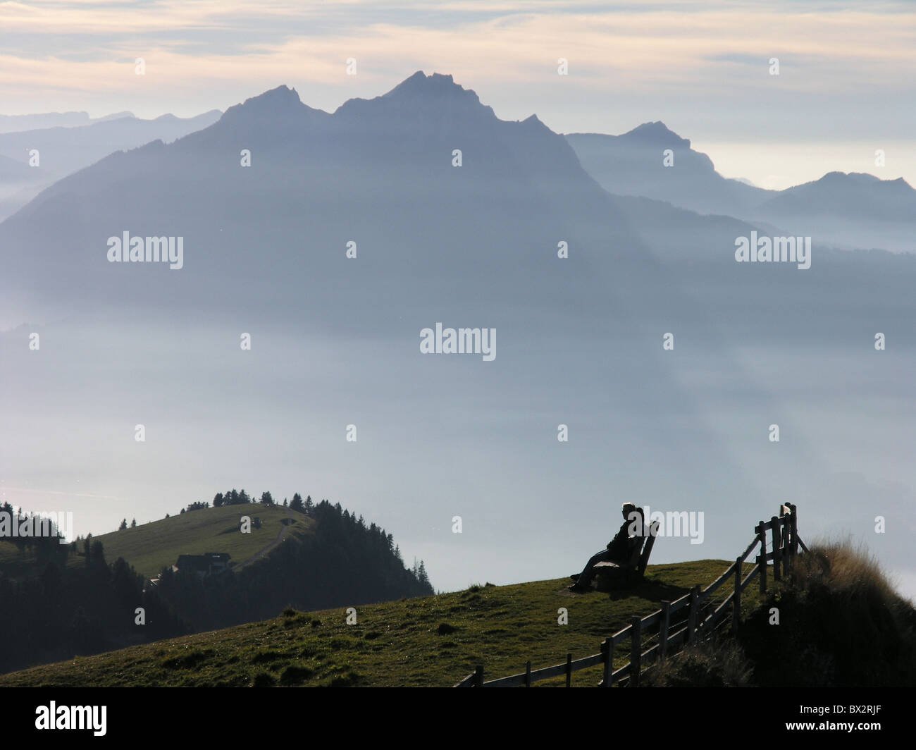 couple bench seat mountains Pilatus silhouettes mood scenery landscape ...