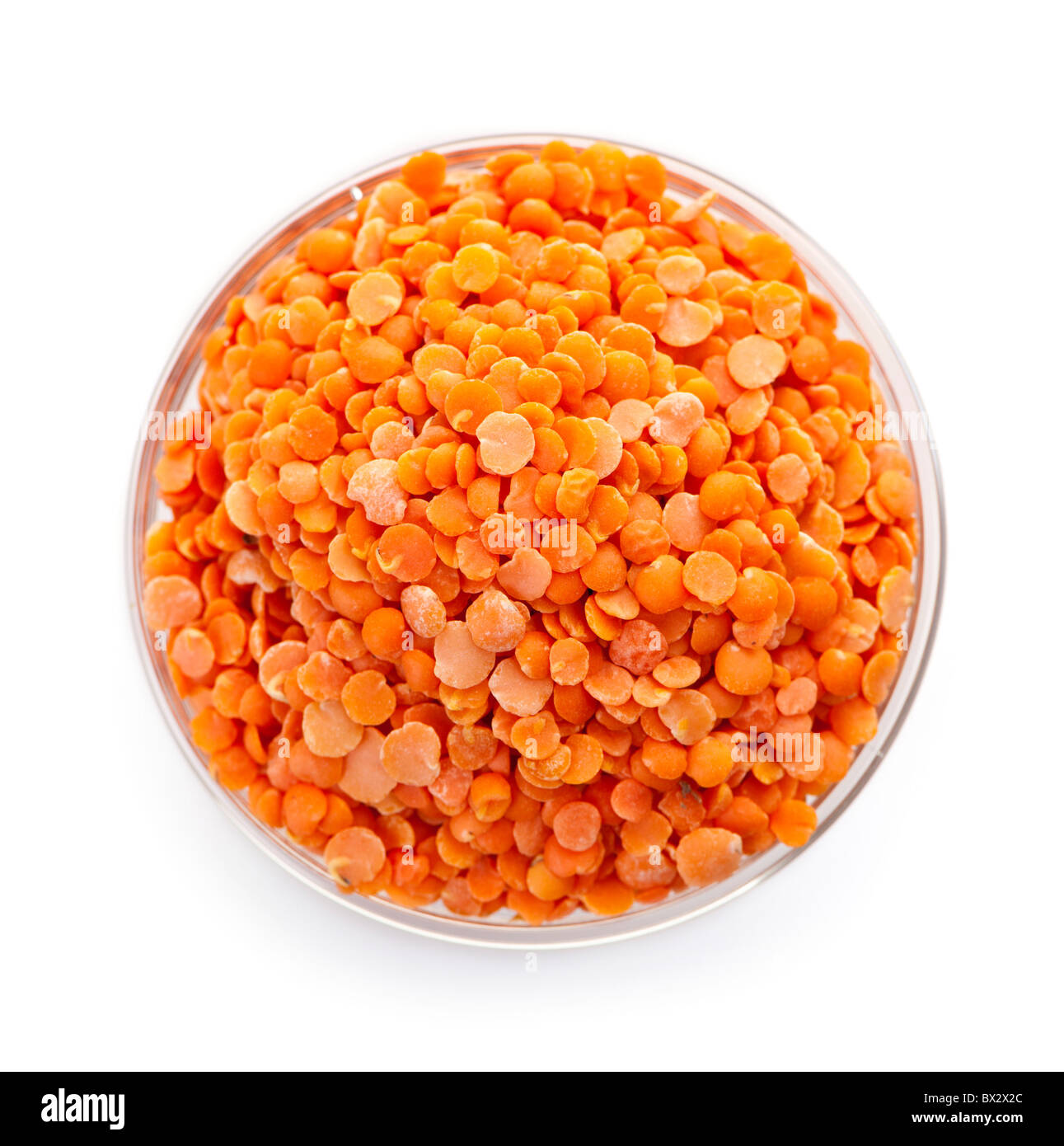 Bowl of uncooked red lentils from above isolated on white background ...