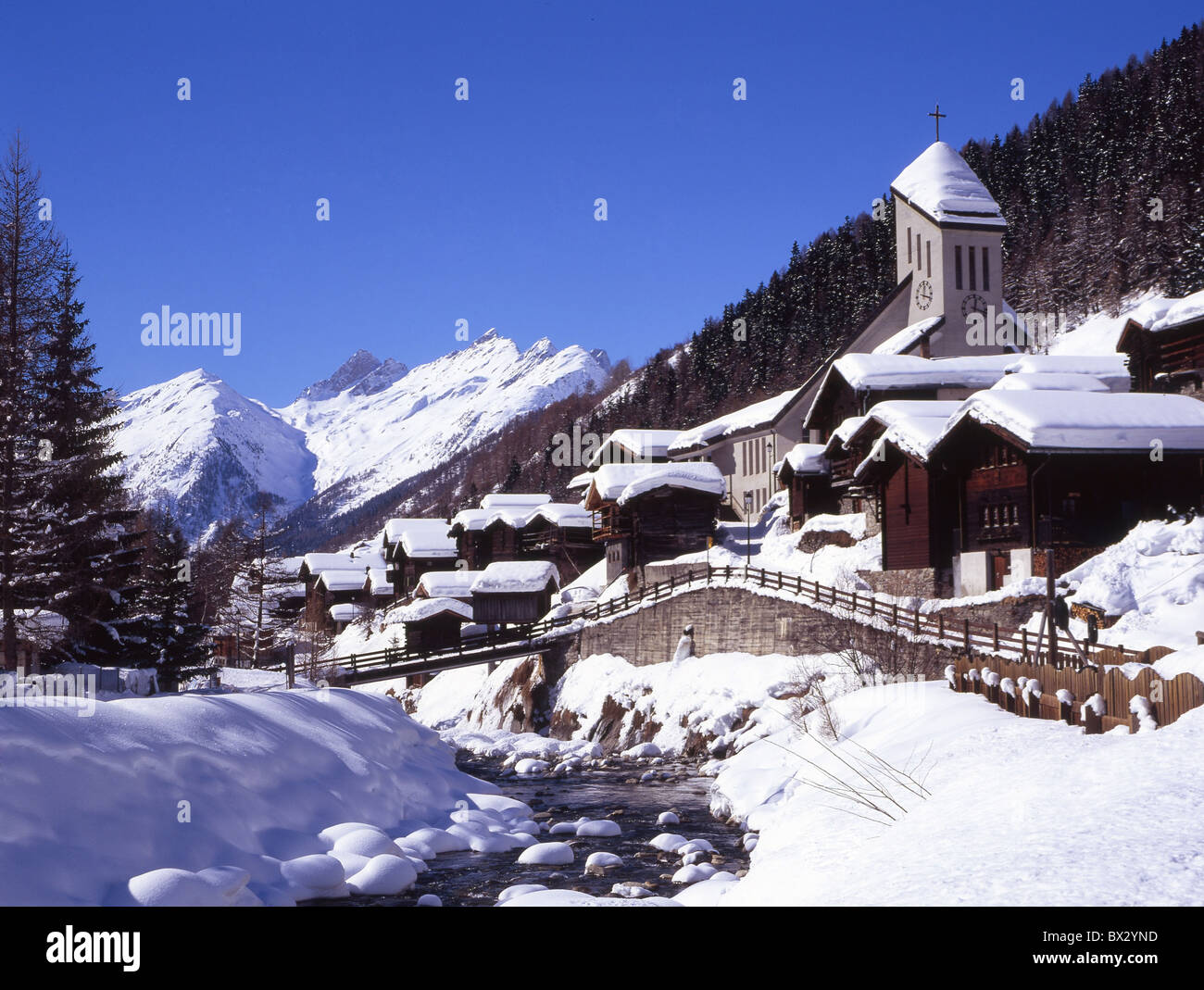 winter Blatten village Canton Valais Switzerland Europe Lotschental ...