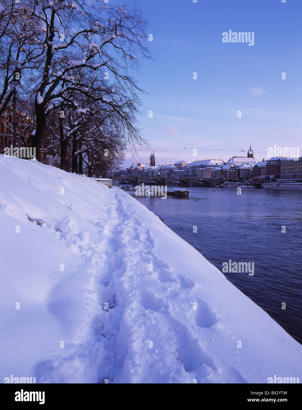 Basel Basle town city winter Rhine shore river Rhine snow Switzerland ...