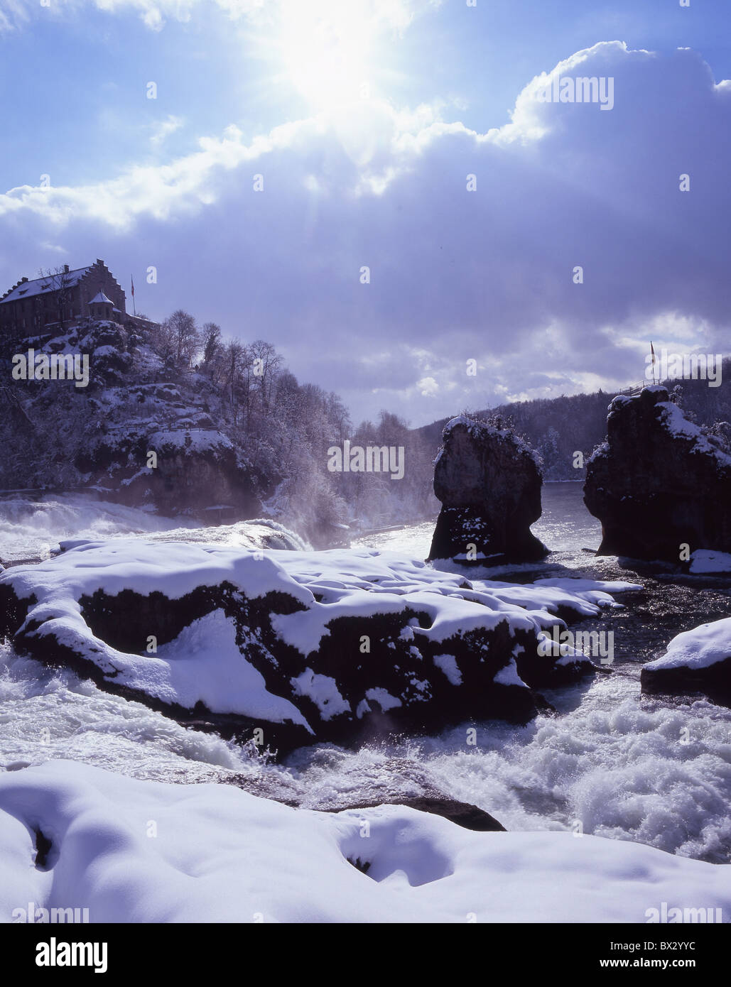 Rhine Falls winter Switzerland Europe Schloss Laufen castle snow river ...