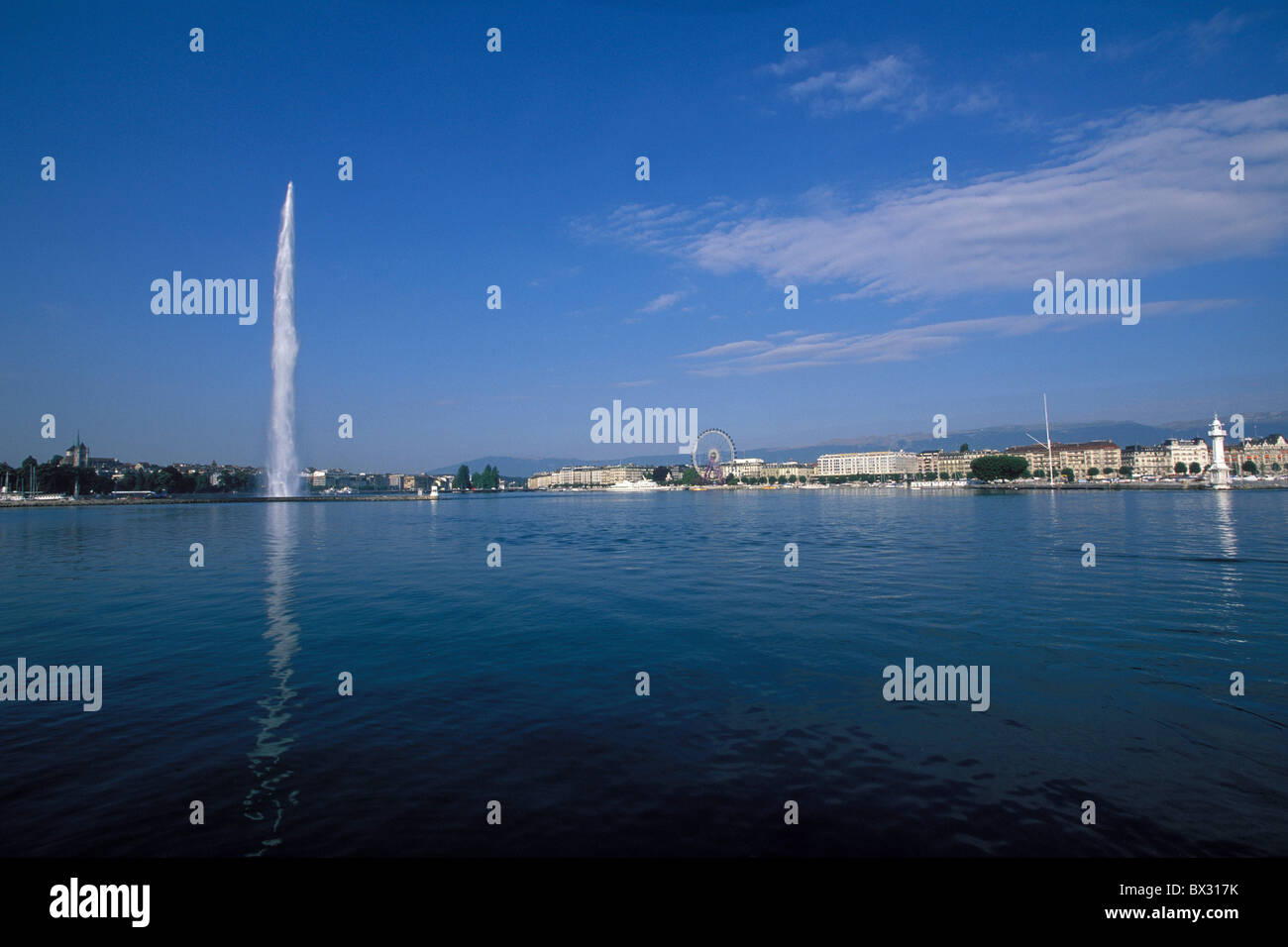 Geneva town city Genevese bay jet Jet d'Eau fountain Lake Geneva lake ...
