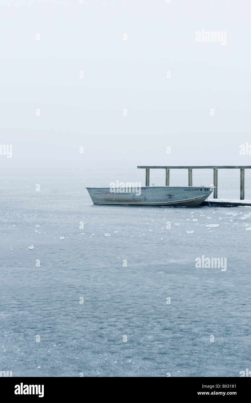 Rowboat frozen in ice, Llangorse lake, Brecon Beacons national park ...