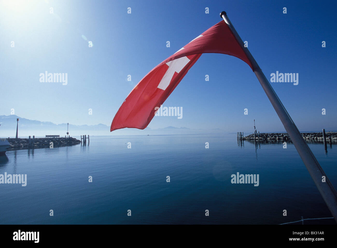 Lausanne harbor port Swiss flag flag Swiss flag rear stern ship Lake ...