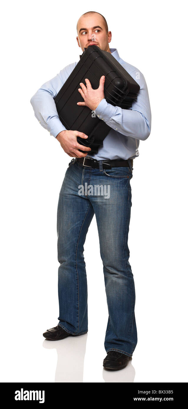 standing caucasian businessman holding his hardcase isolated on white ...