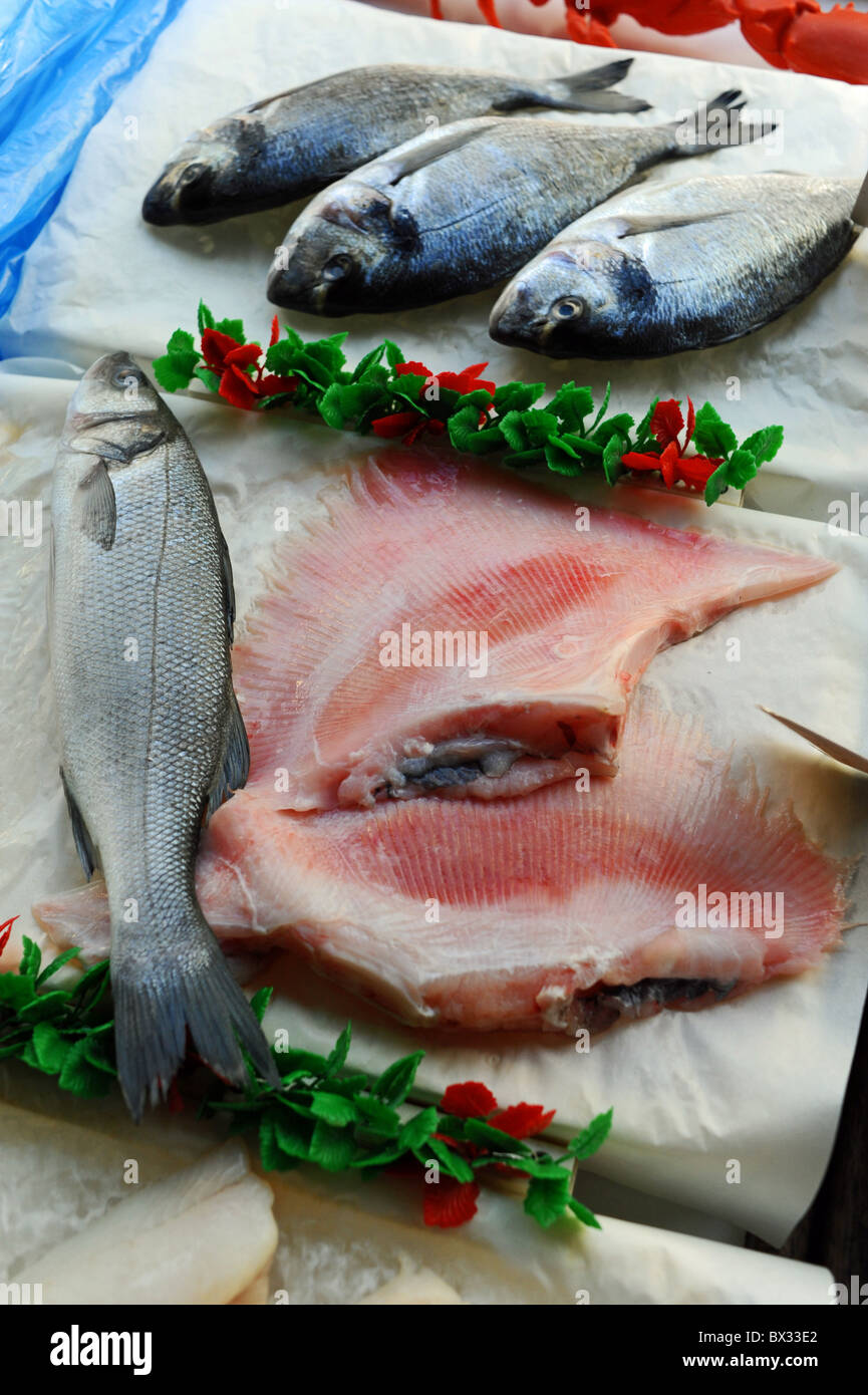 Shop window display of fresh fish st fishmongers shop in Brighton UK ...