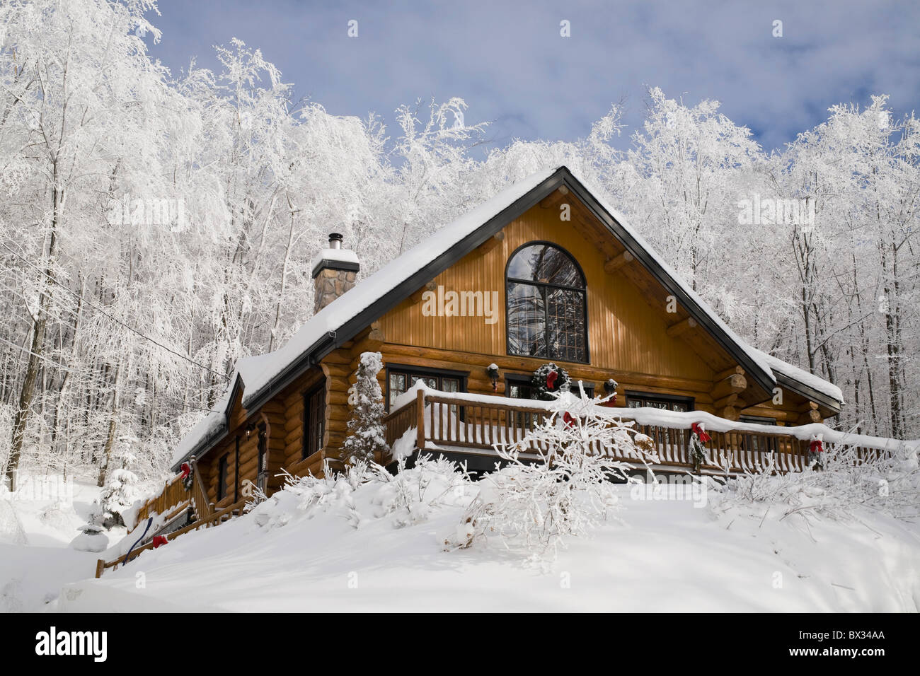 Log House In The Winter; Quebec, Canada Stock Photo - Alamy