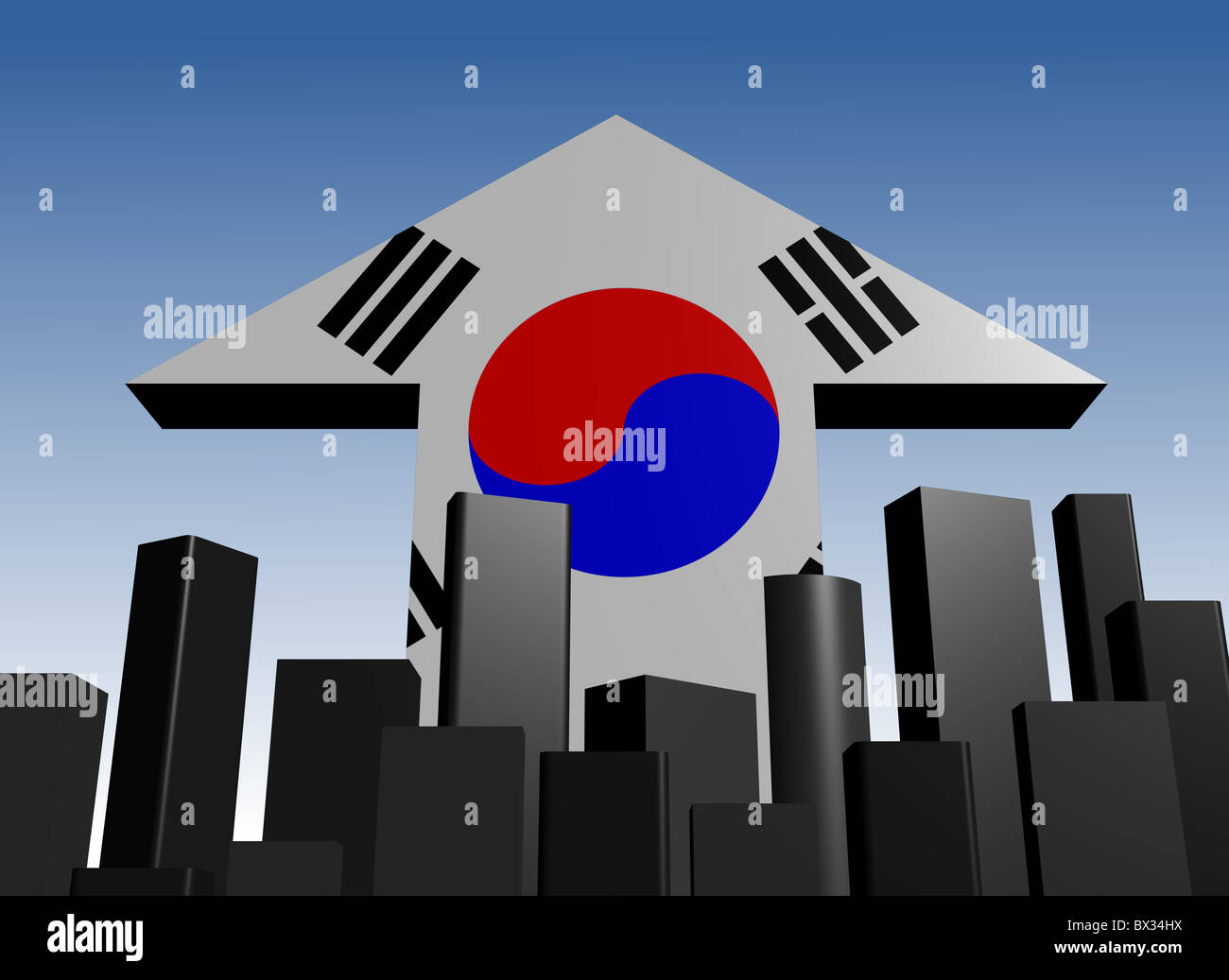 abstract skyline and South Korea flag arrow illustration Stock Photo ...