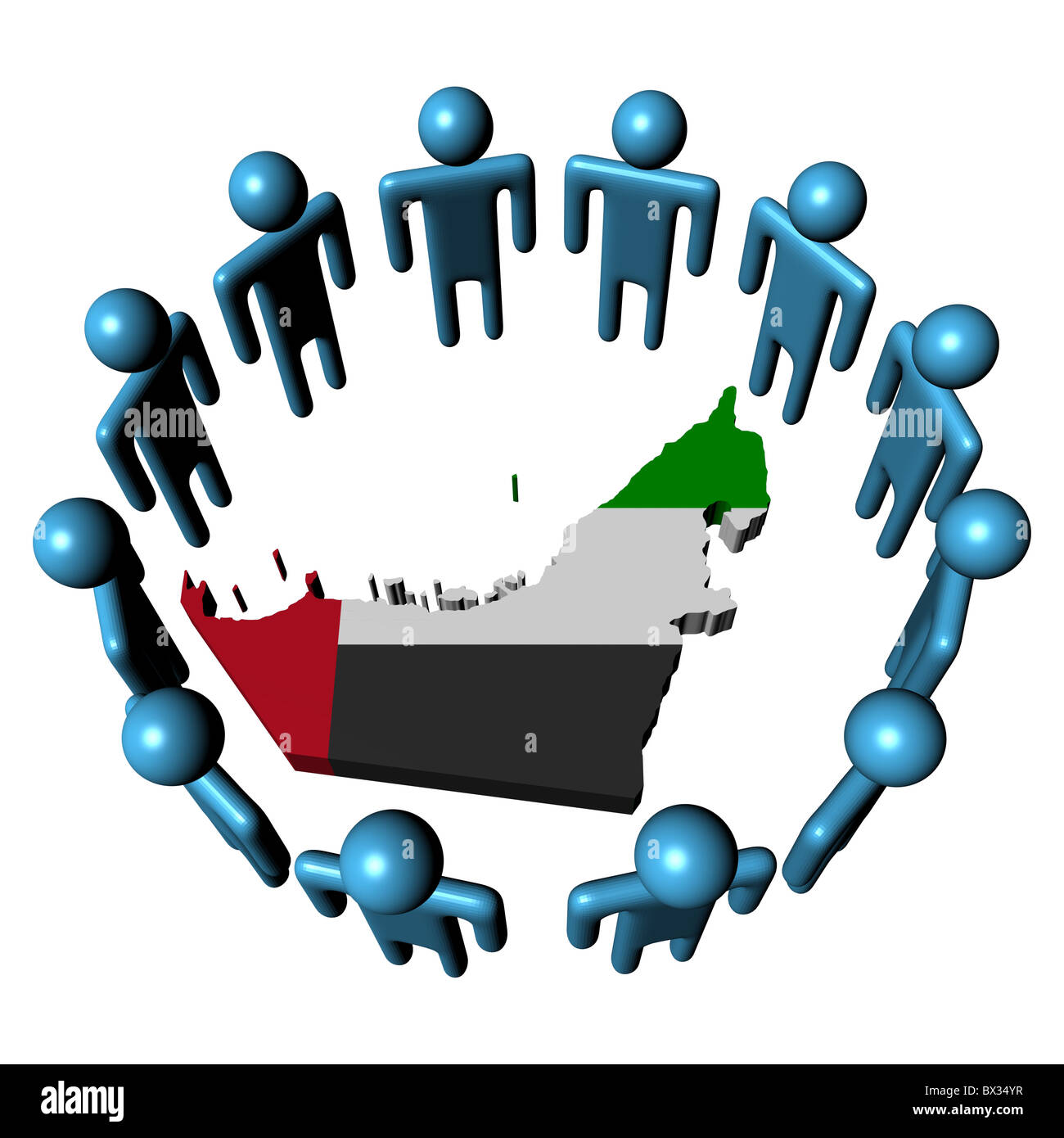 Circle of abstract people around UAE map flag illustration Stock Photo ...