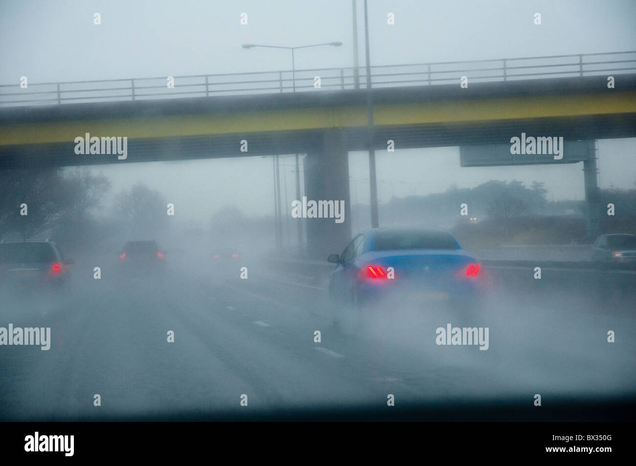 Drivers view through a car windscreen showing difficult driving ...
