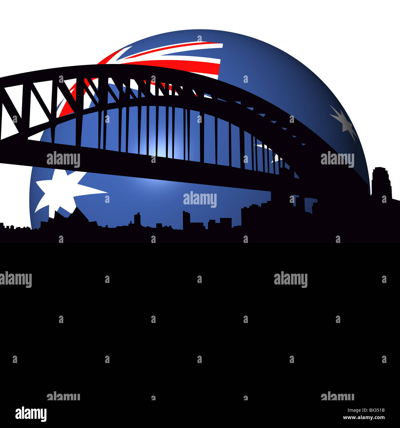 Sydney skyline with Australian flag sphere illustration Stock Photo - Alamy