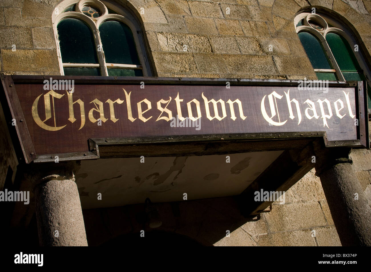 Pillars and Sign above Charlestown Chapel. Charlestown. Cornwall Stock ...