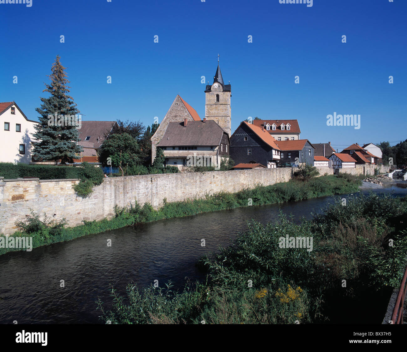 Themar river Werra church Saint Bartholomaus Werratal Thuringian forest ...