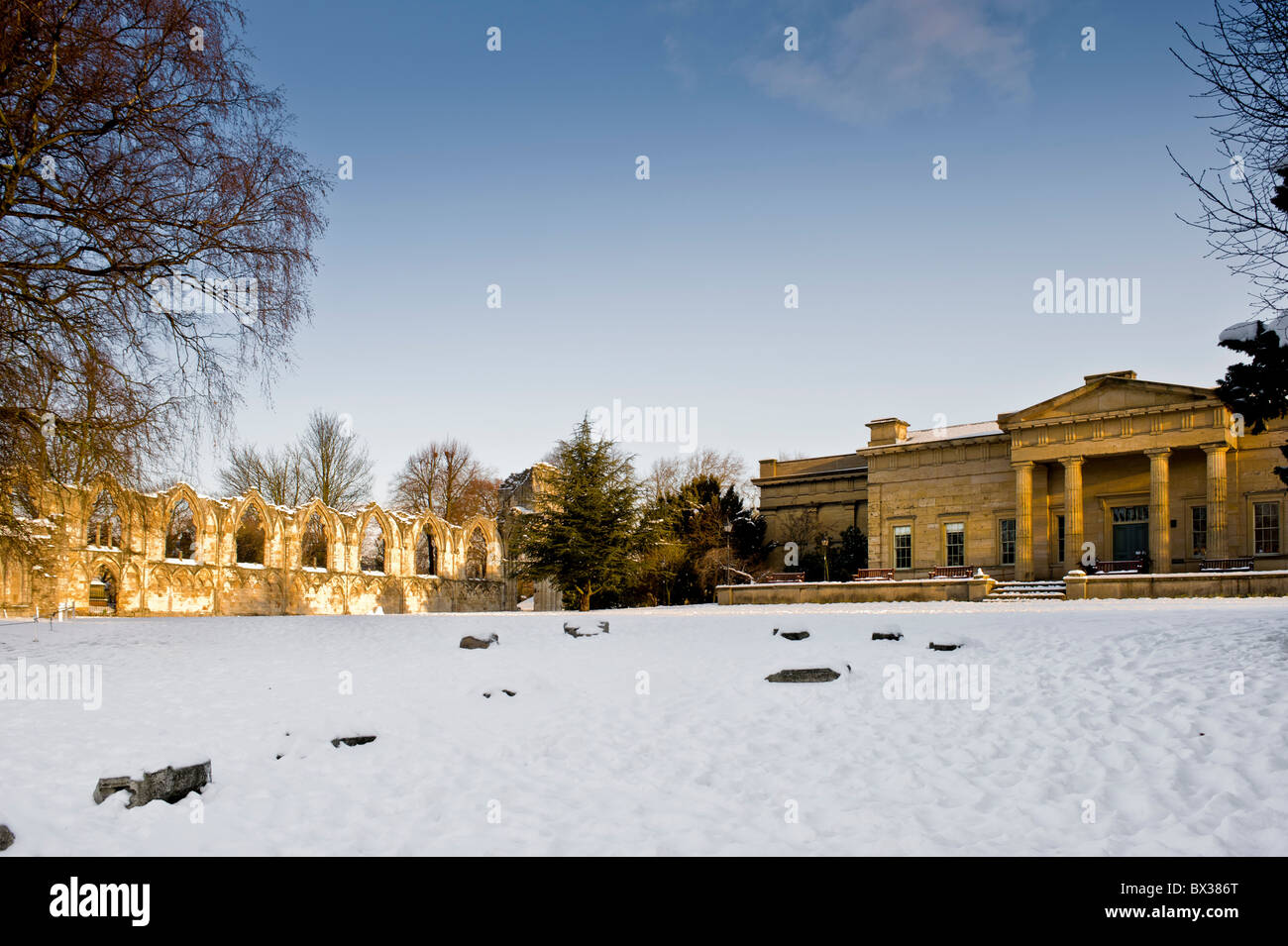 St Mary's Abbey and Yorkshire Museum in the Museum Gardens in snow ...