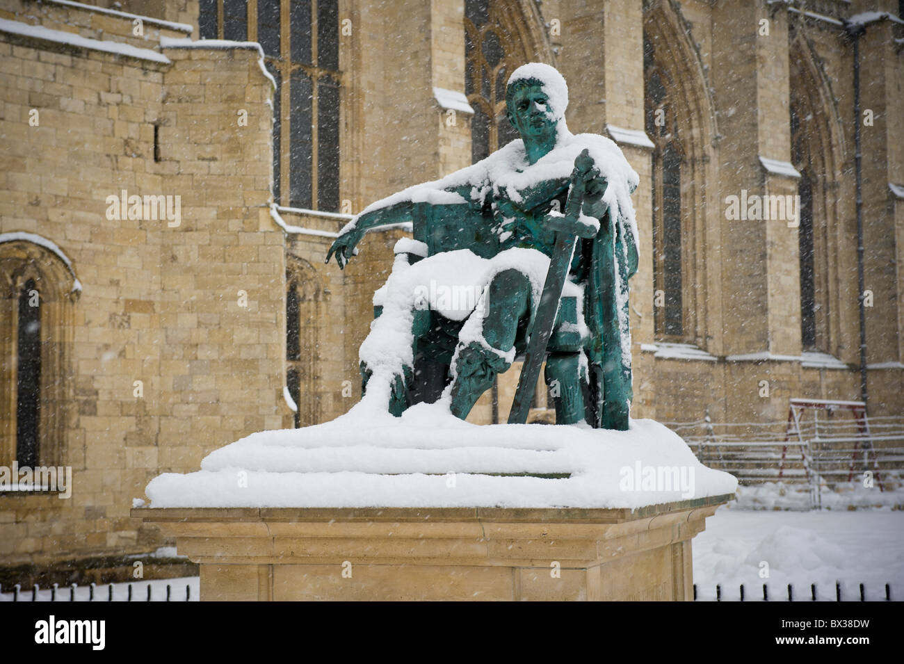 Snow covered statue of the Roman emperor Constantine the Great situated ...