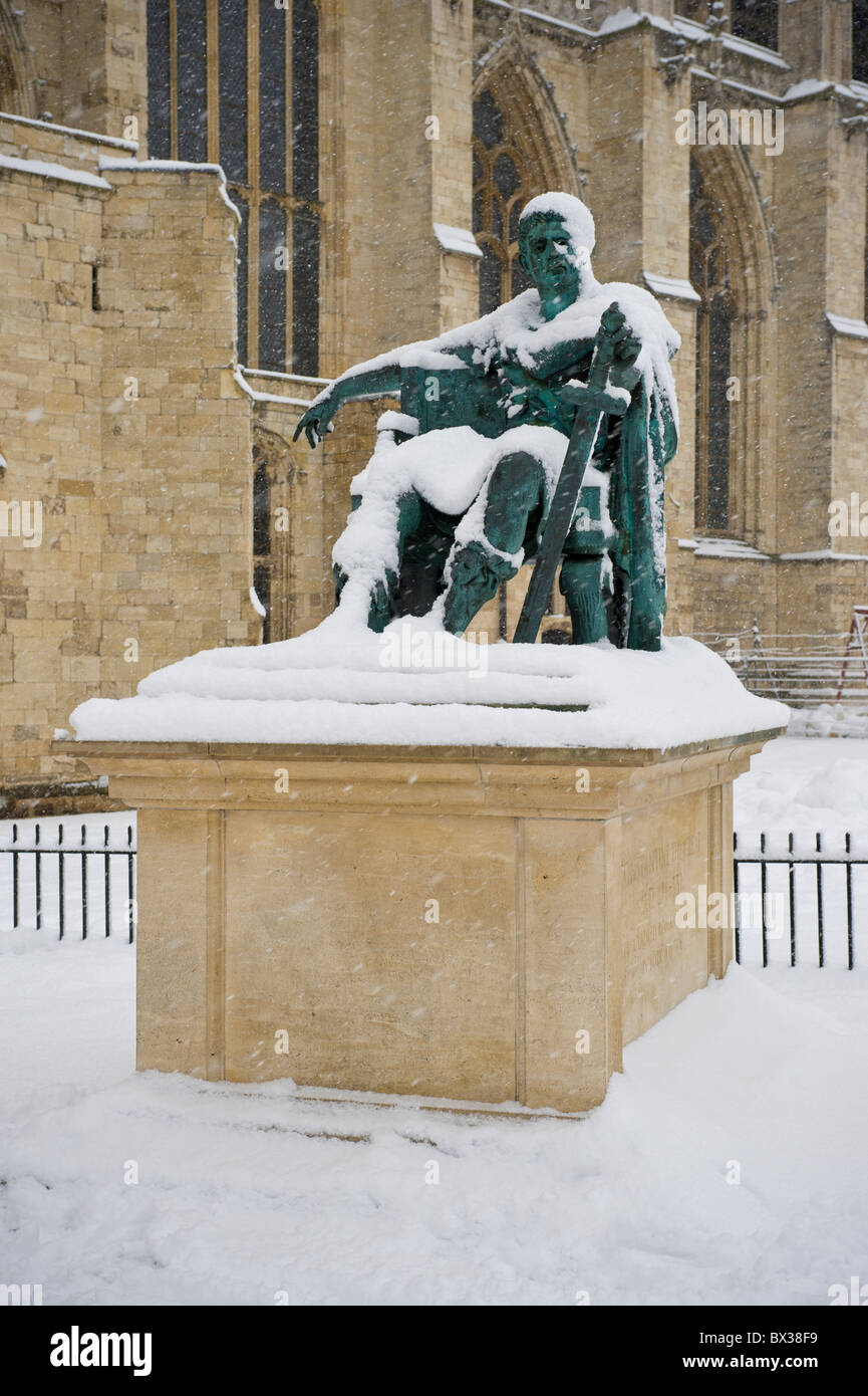 Snow covered statue of the Roman emperor Constantine the Great situated ...