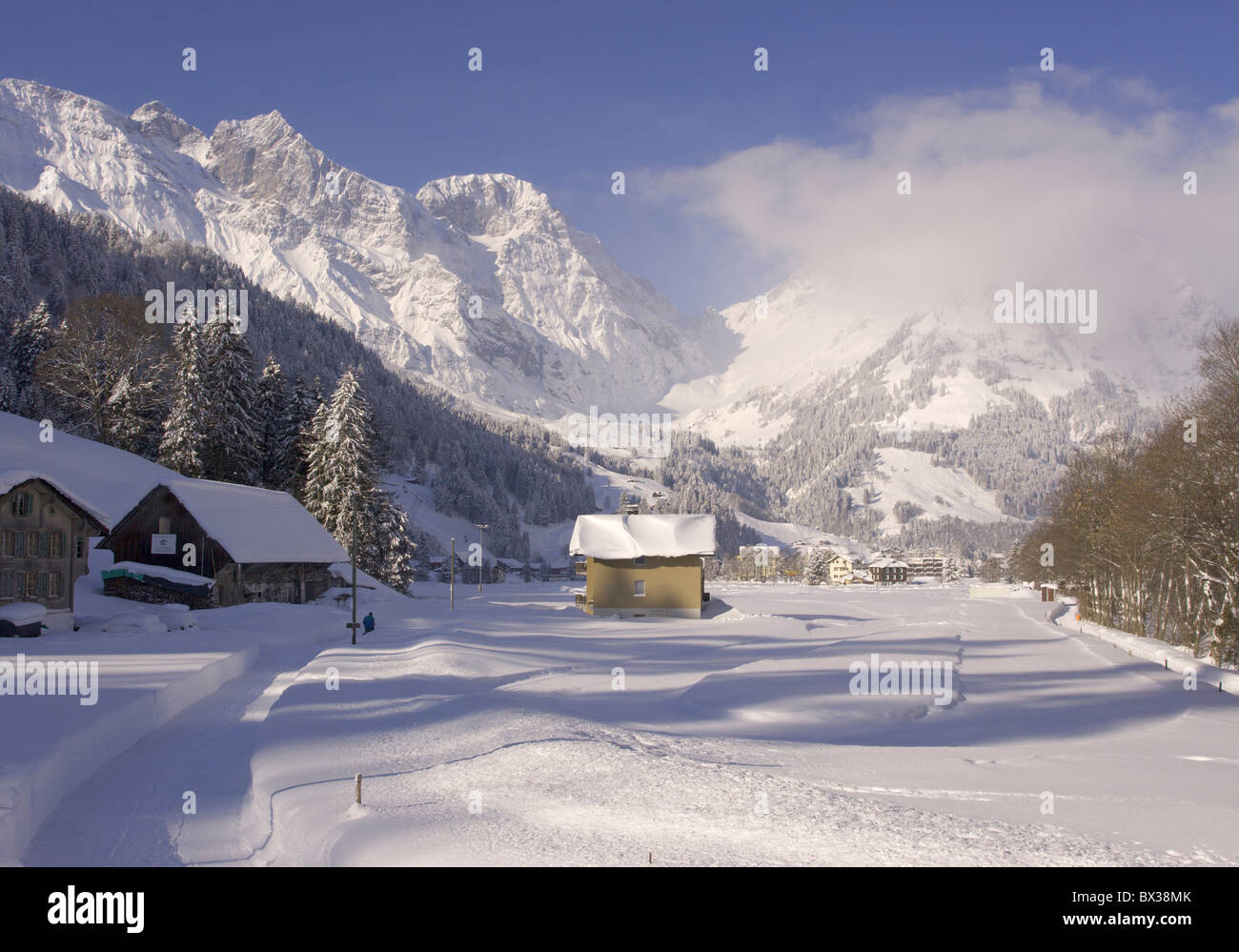 winter Engelberg village valley scenery landscape snow mountains Alps ...
