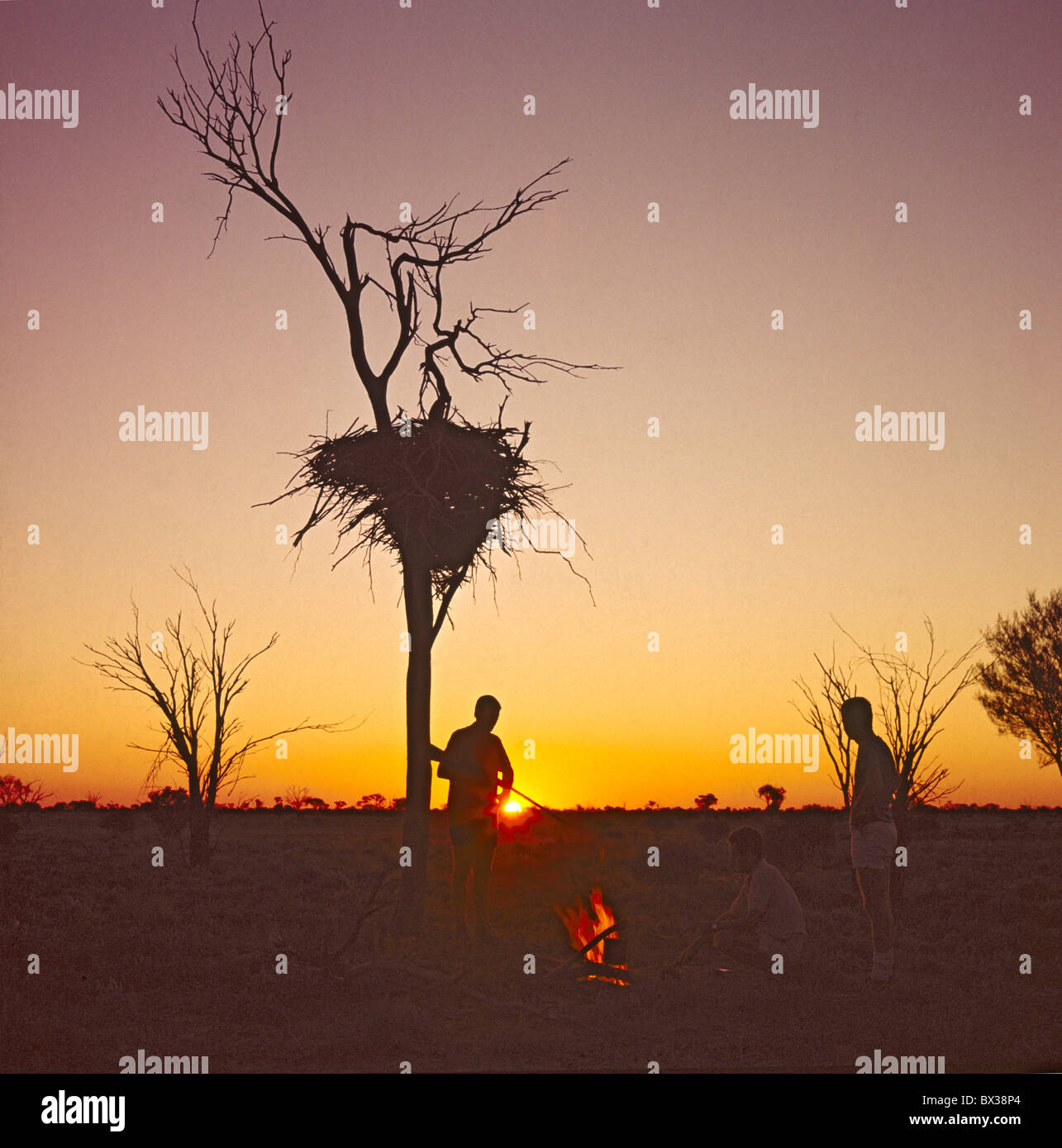 camping campfire fireplace fire group desert Outback Australia sundown ...