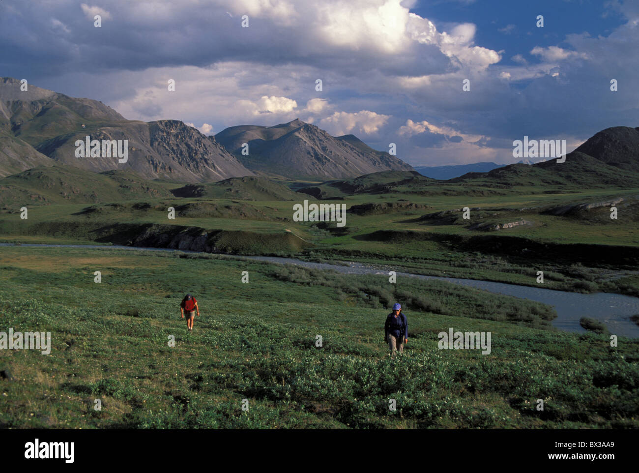 Hiker tundra Hulahula River leaving Brooks Range coastal palin N Slope ...
