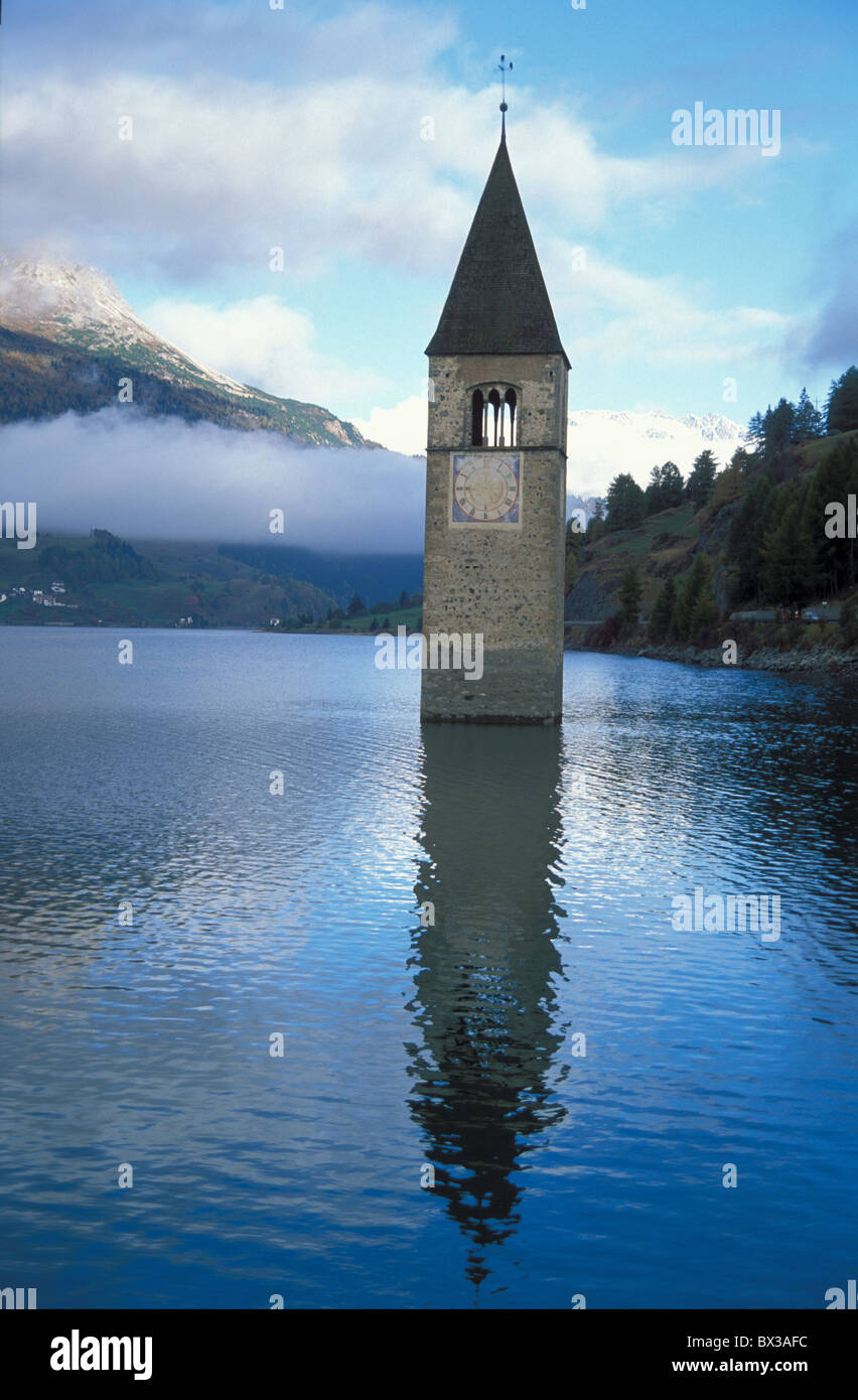 Church tower church towervillage flooded hydroelectric Lake Reschen ...