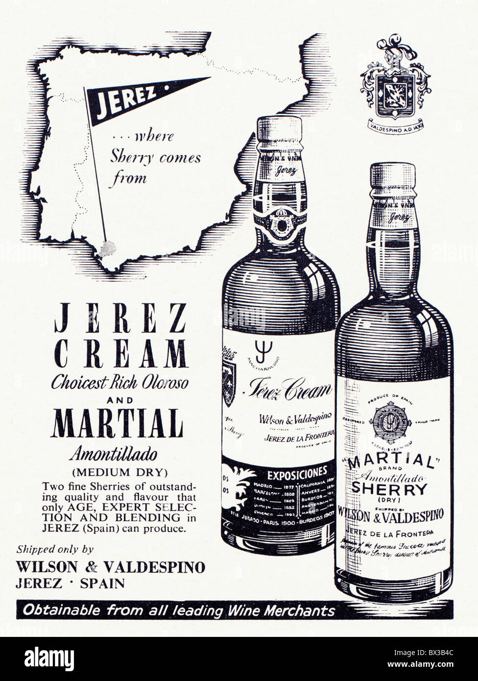 Jerez sherry black and white advert in magazine circa 1958 Stock Photo ...