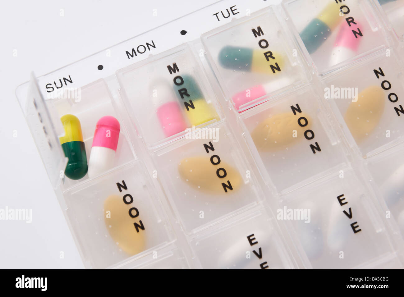 Different types of pills in a weekly dosage container Stock Photo - Alamy