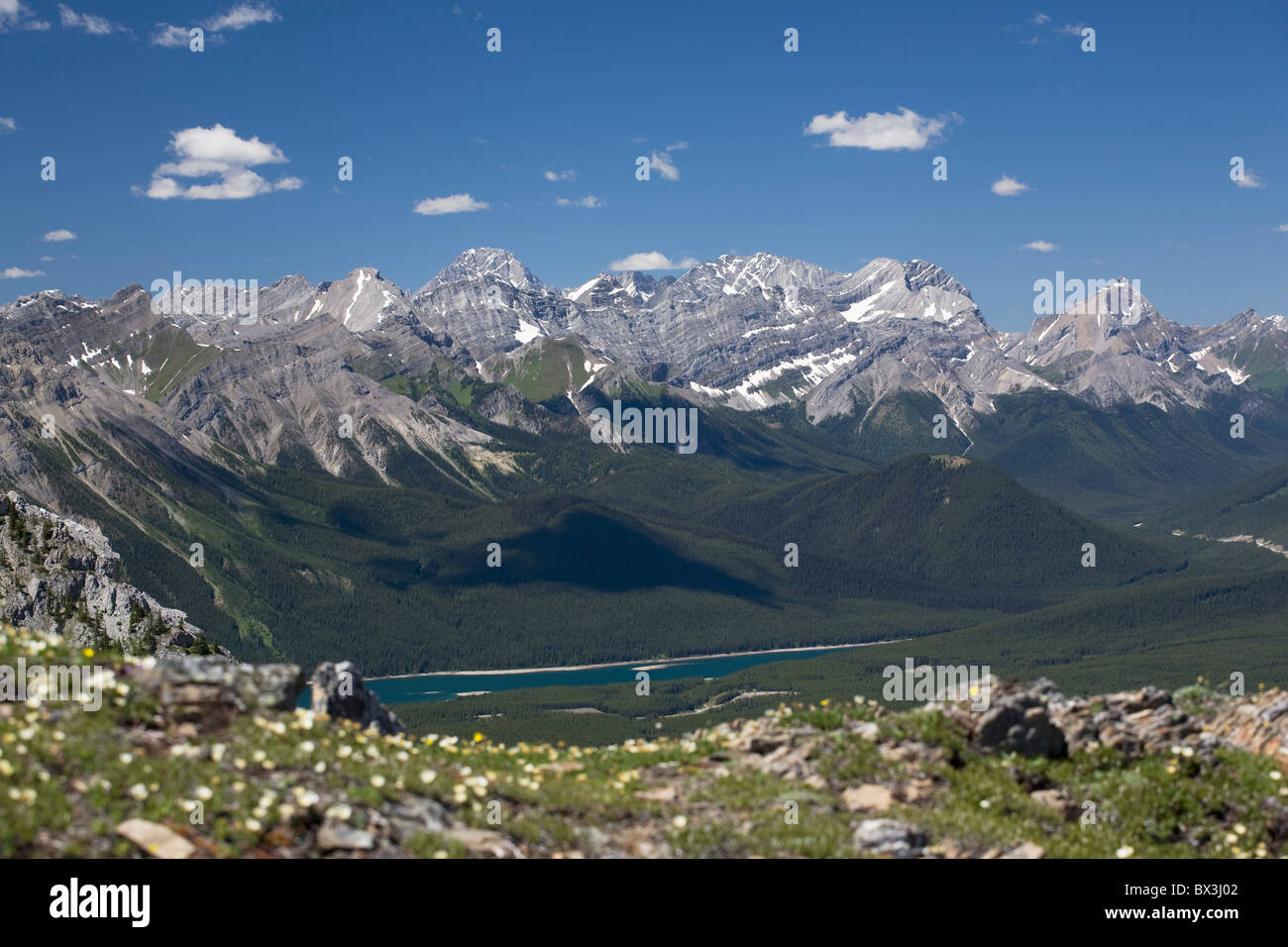Mountain Range And Lake From On Top Of A Mountain Ridge; Alberta ...